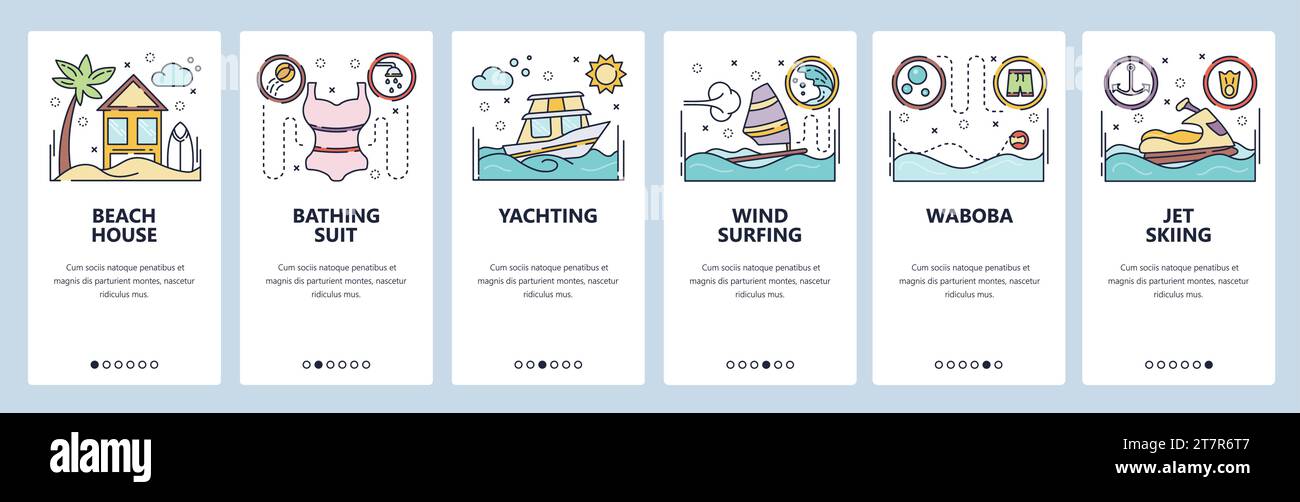 Mobile app onboarding screens. Summer vacation activities, yachting ...