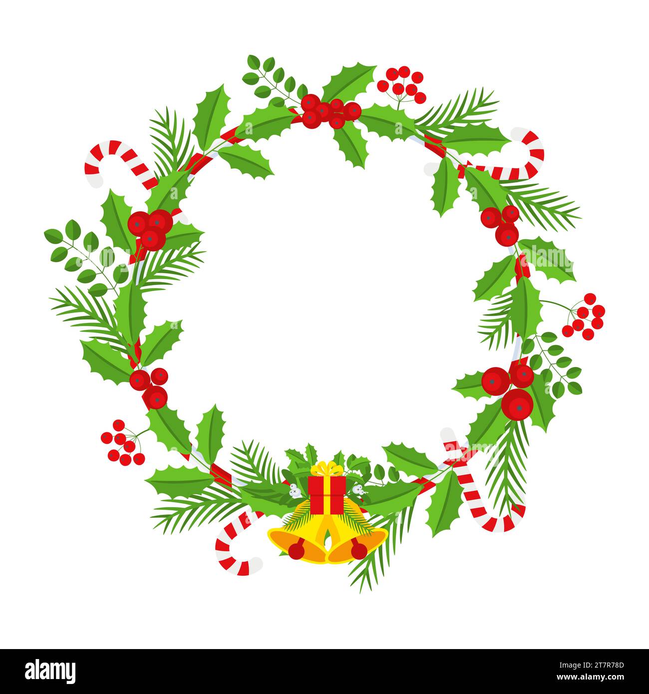 Christmas round floral wreath frame. Traditional winter garland icon ...