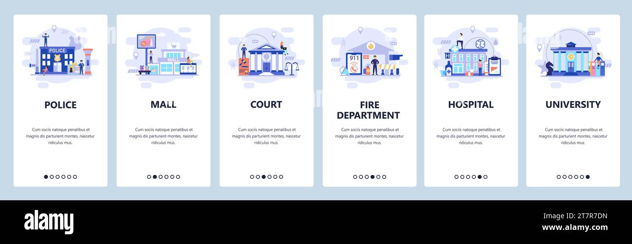 Mobile app onboarding screens. City buildings infrastructure, police ...