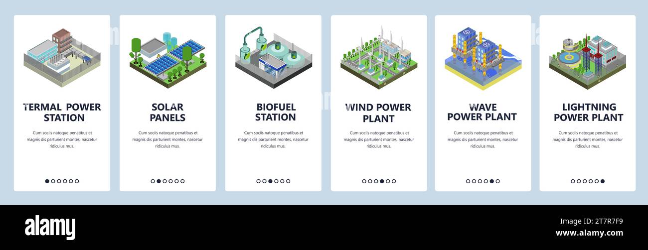 Mobile app onboarding screens. Energy generation industry, power plant ...