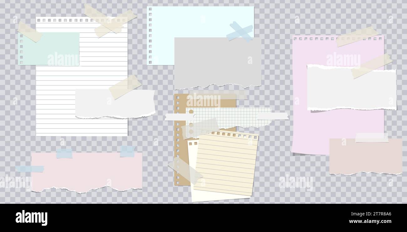 Color sheets of paper, rip pieces with torn adges. Lined note. Notebook ...