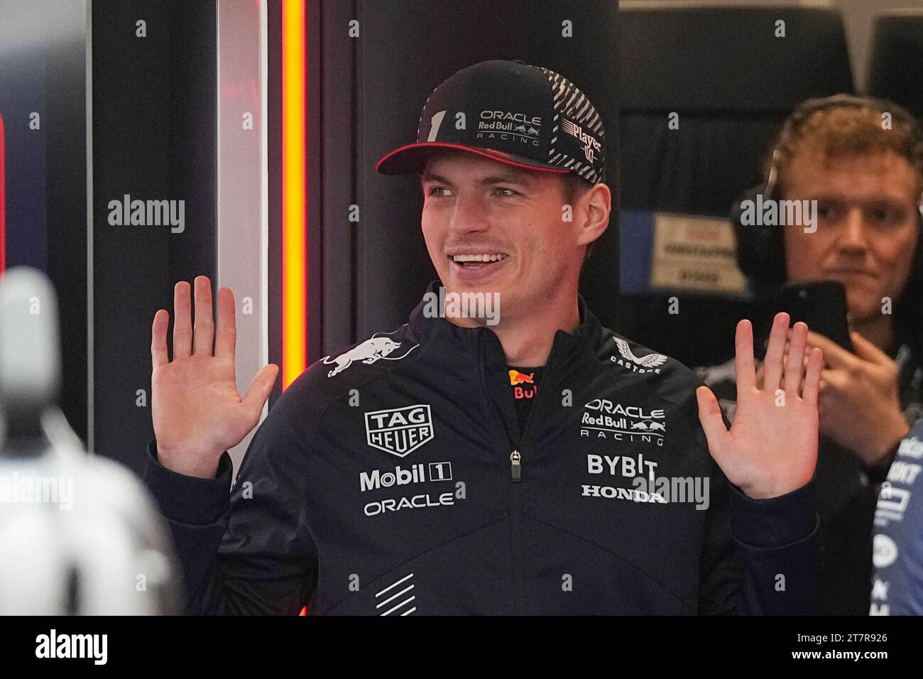 Red Bull driver Max Verstappen, of the Netherlands, talks with crew ...