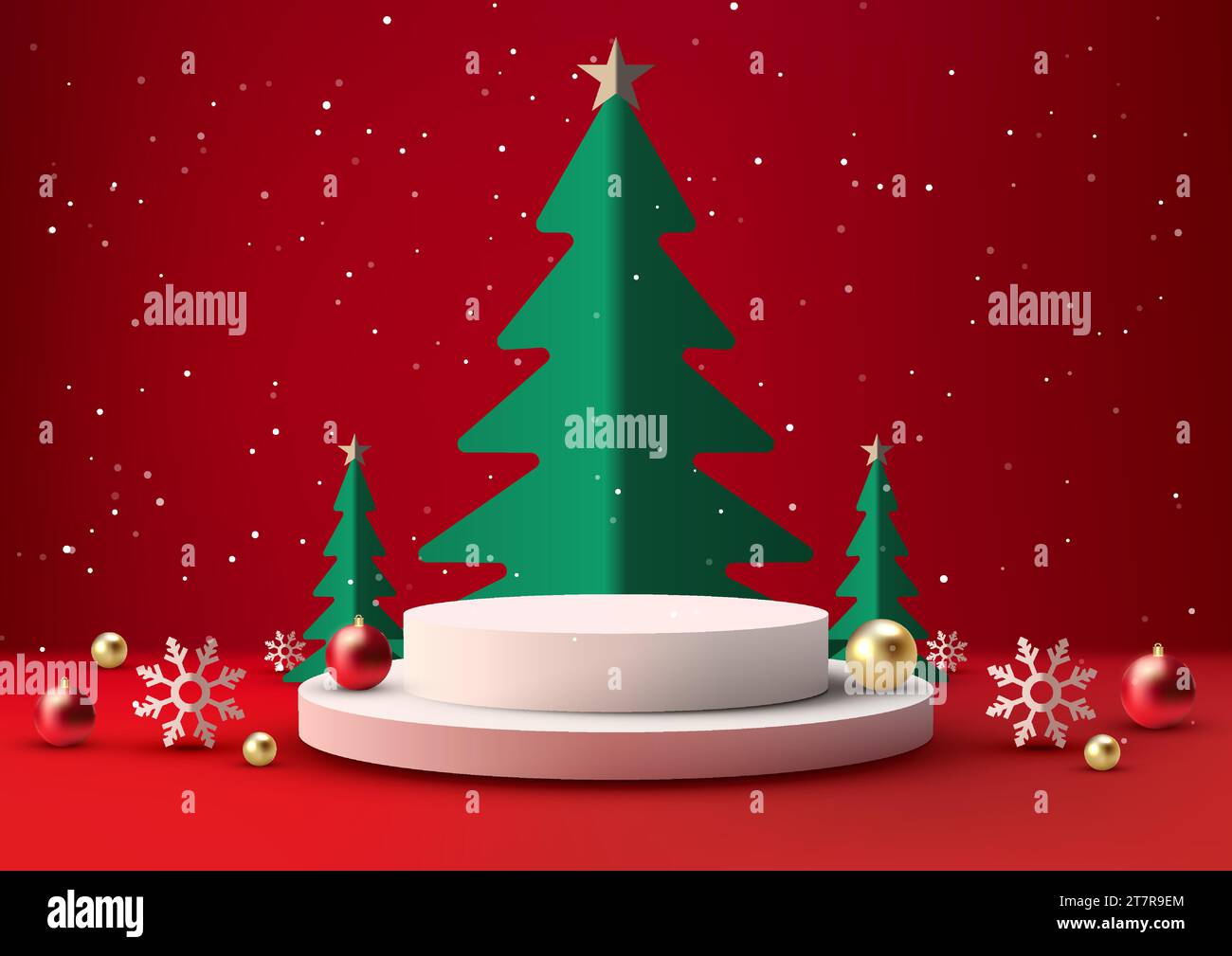 3D realistic white Christmas podium. a new year festive red background ...