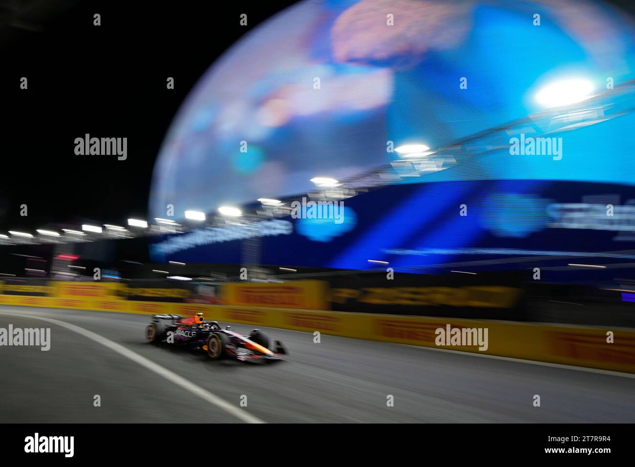 Red Bull driver Sergio Perez, of Mexico, drives during the first practice session for the ...