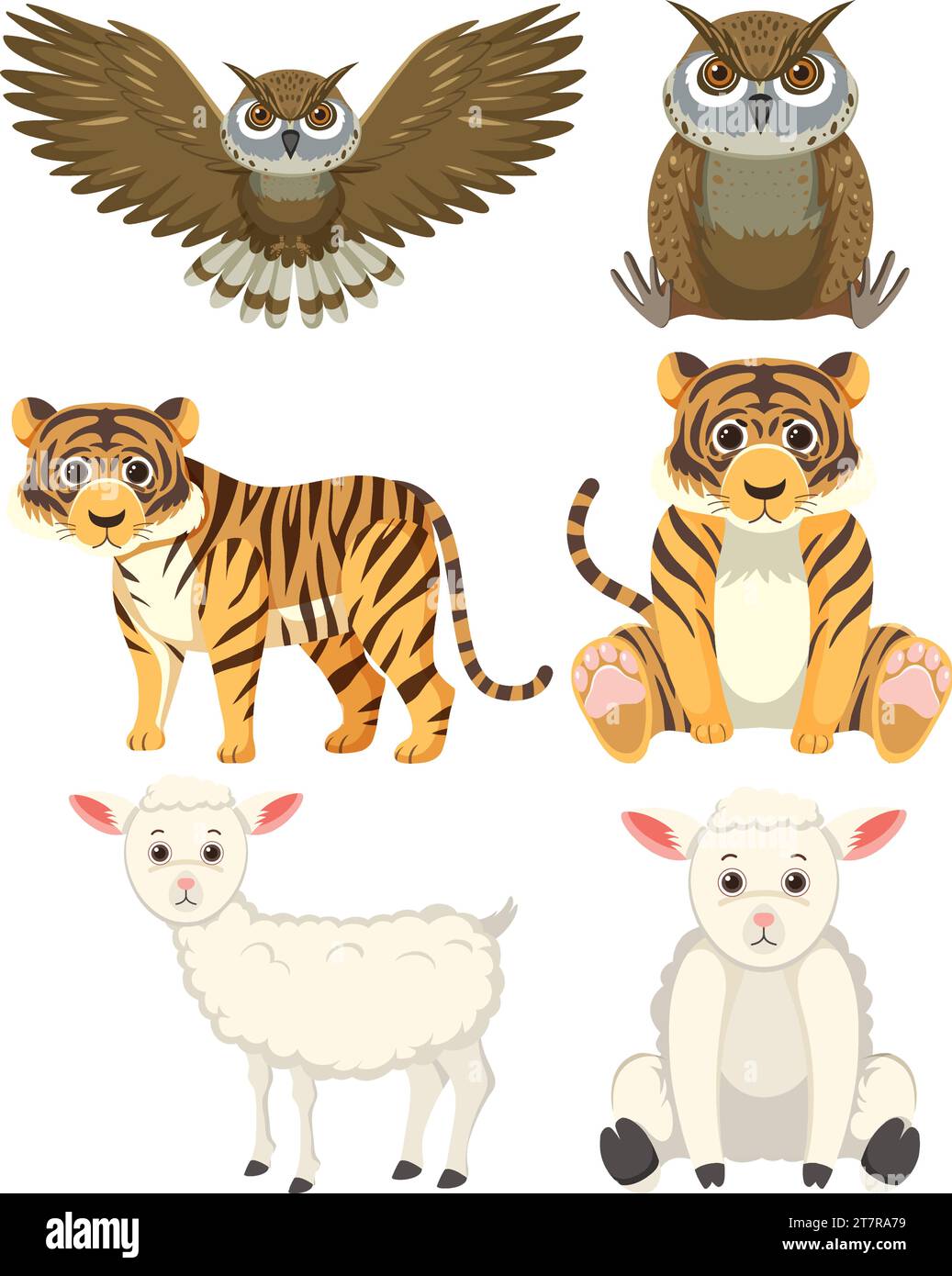 Vector cartoon illustration featuring an owl, tiger, and sheep in a ...