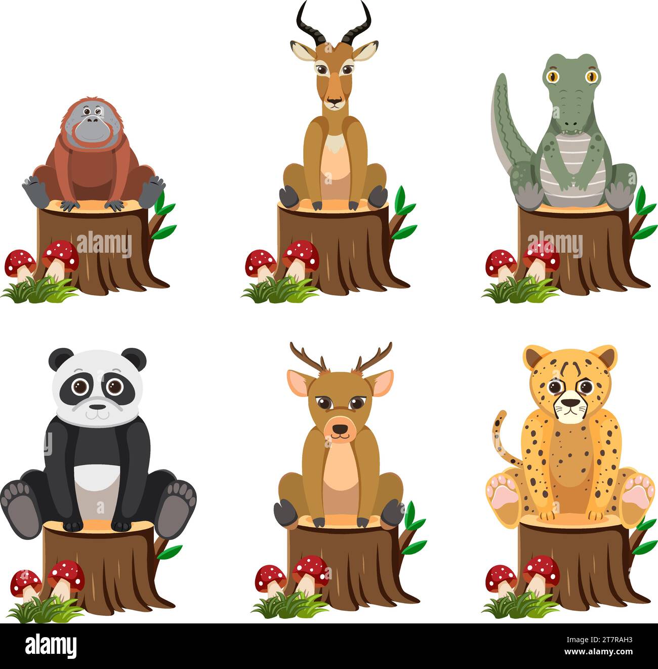 Vector cartoon illustration of wild animals perched on a tree stump ...