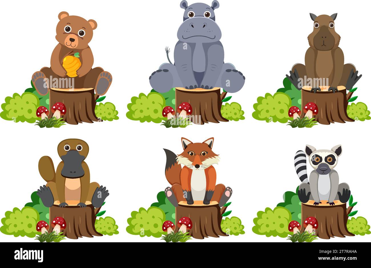 Vector cartoon illustration of animals sitting on a tree stump ...