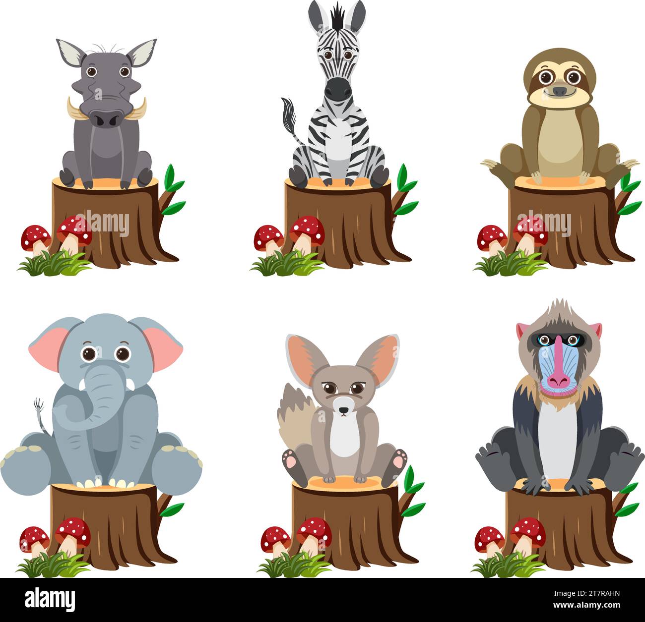 Vector cartoon illustration of various wild animals sitting on a tree ...