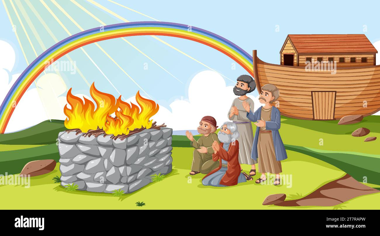 Cartoon illustration of ancient people worshiping the sun and nature ...