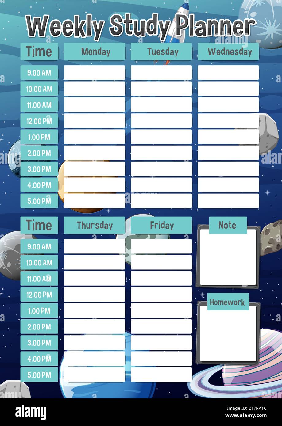 Weekly lesson plan template with hourly schedule on an outer space ...