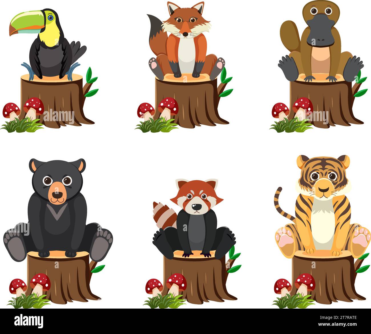 Vector cartoon illustration of wild animals perched on a tree stump ...