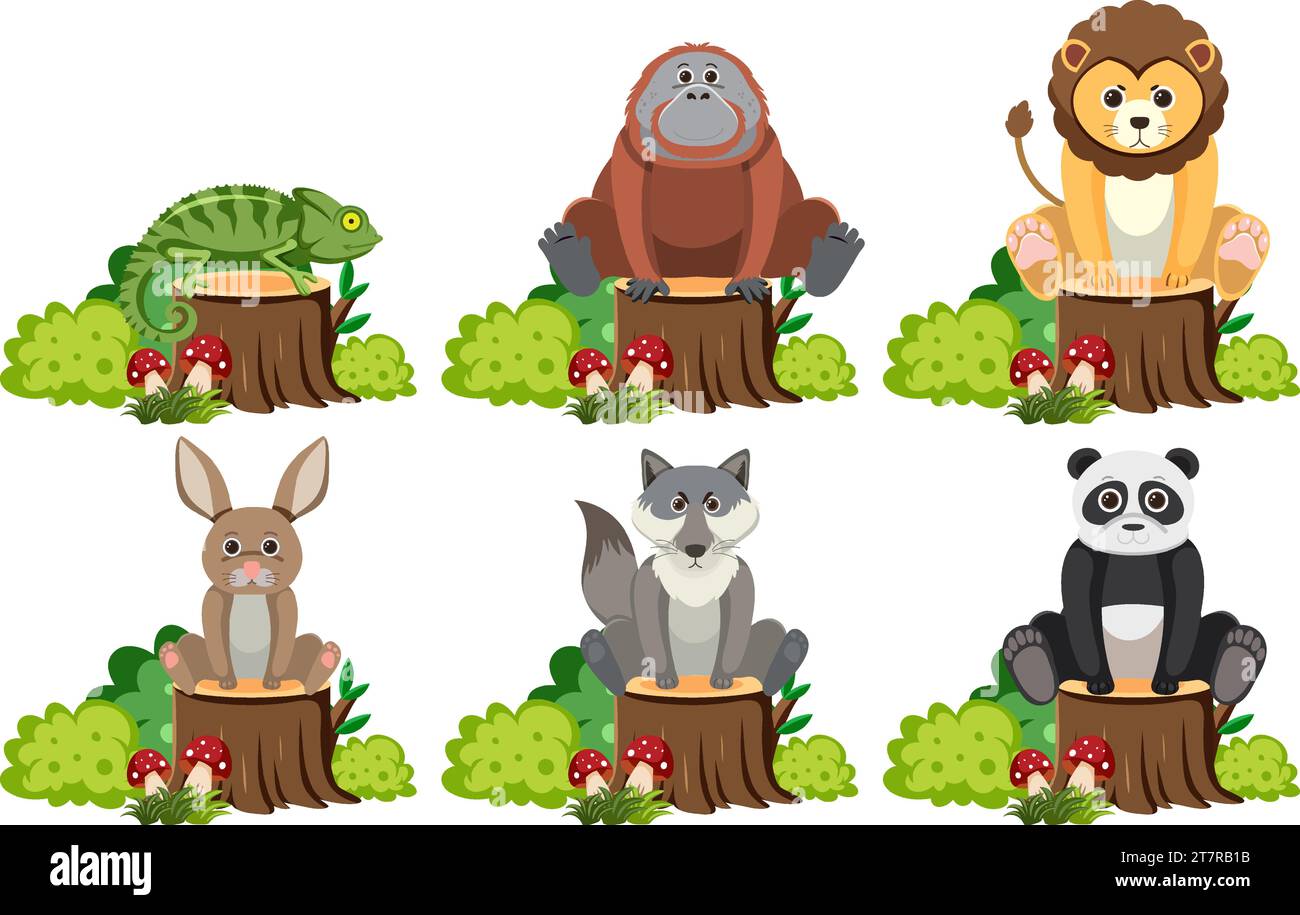 Vector cartoon illustration of animals sitting on a tree stump ...