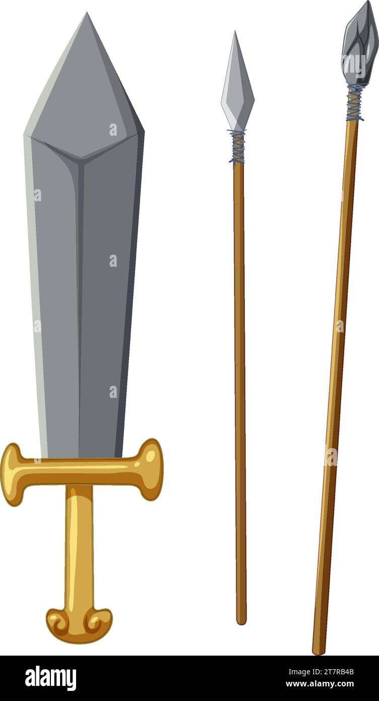 A set of ancient weapons including a sword and spears depicted in a ...