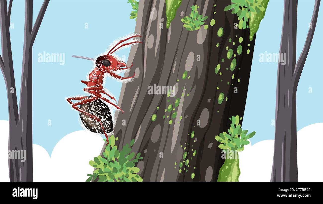 A cartoon ant carrying fungi walks on a tree against a sky background ...
