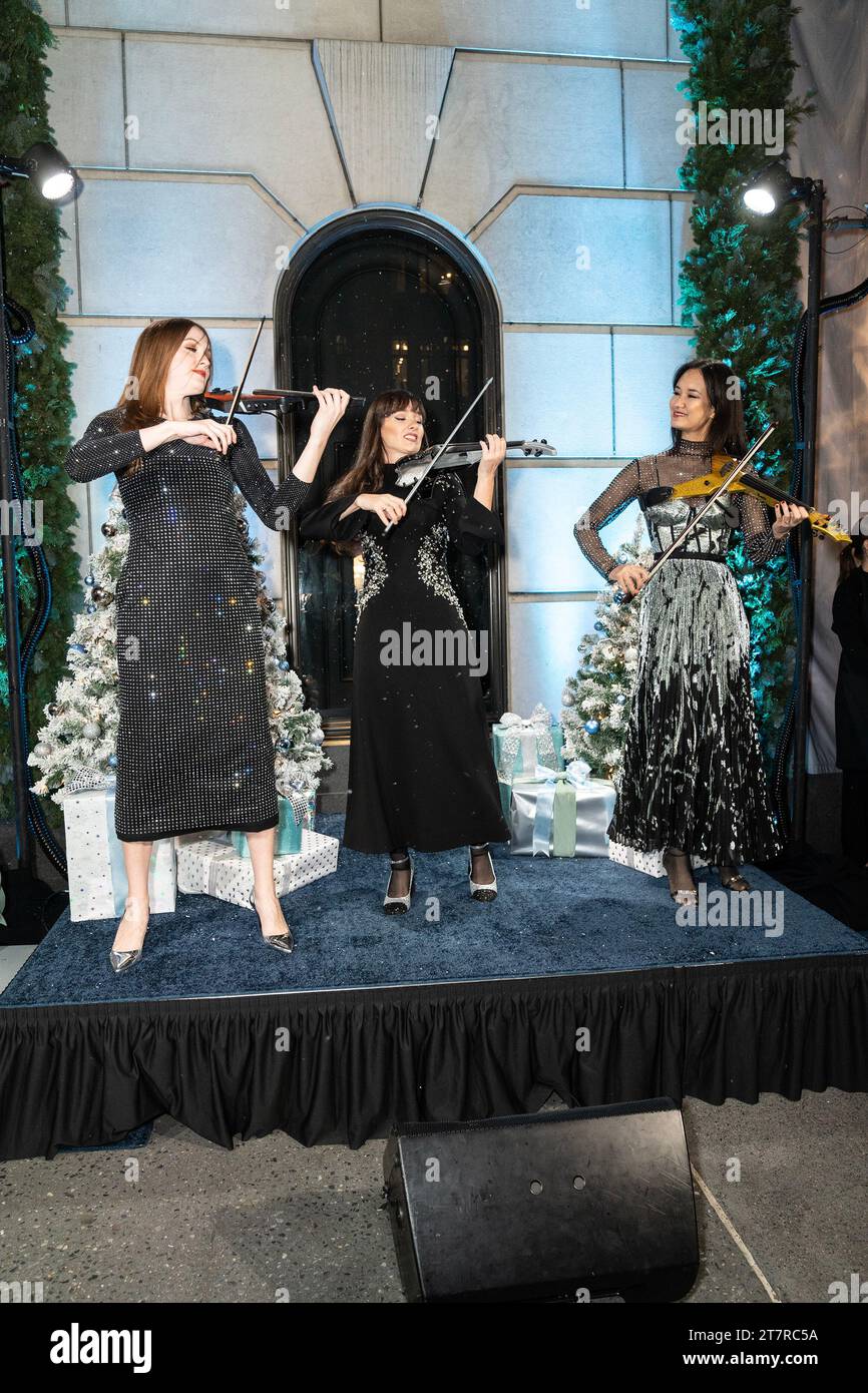 New York, USA. 16th Nov, 2023. Trio of violinists Molly Fletcher, Joana ...