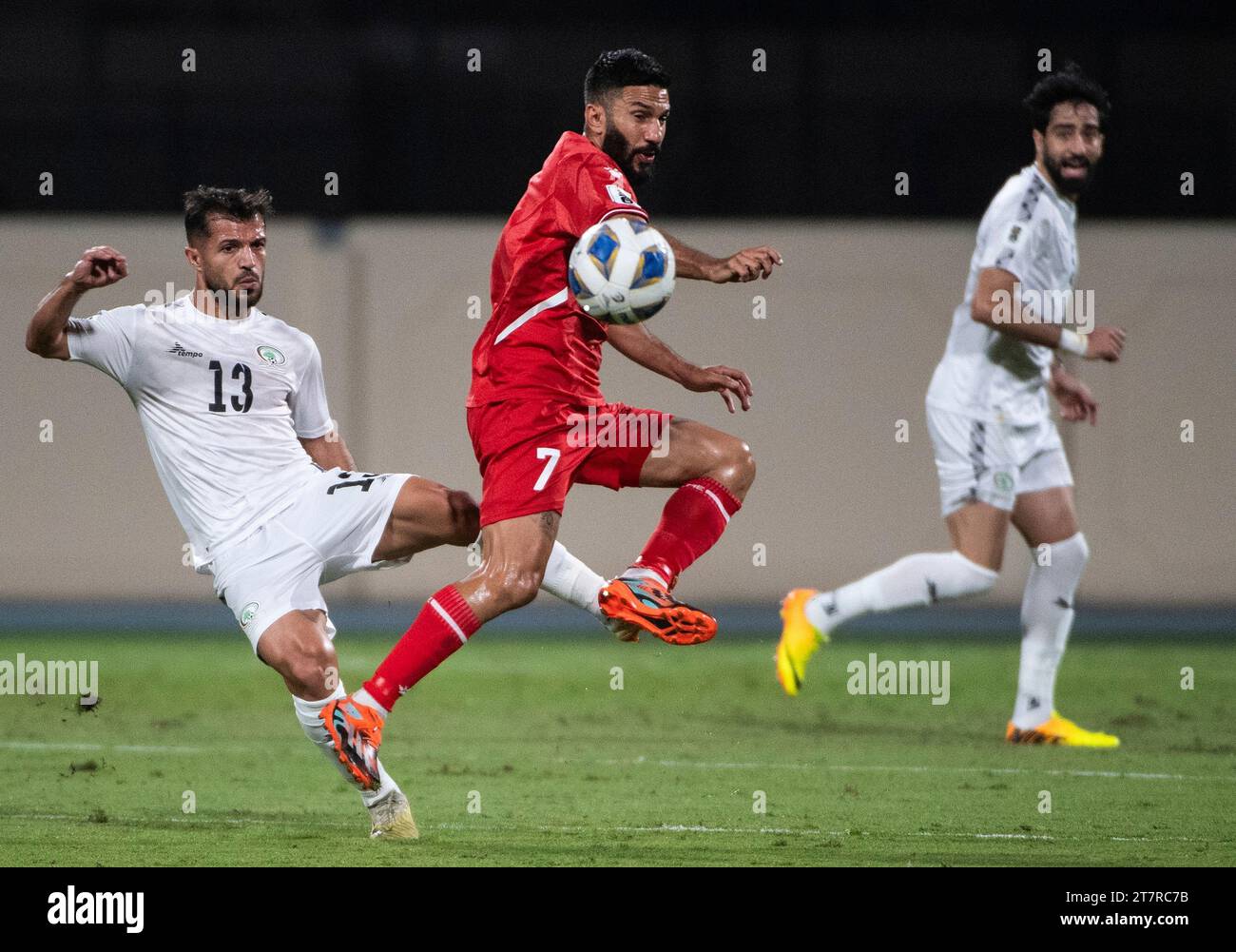 Hassan Maatouk (7) of Lebanon fights for the ball with Mahmoud Abuwarda ...
