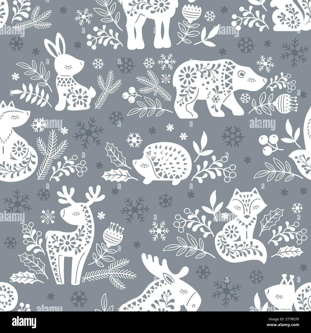 Vector seamless pattern. White ornate silhouettes of forest animals ...