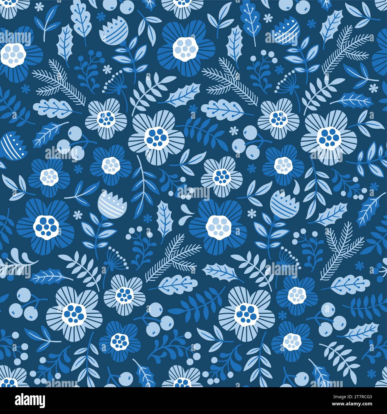 Seamless pattern of interweaving of stylized doodle blue flowers and ...