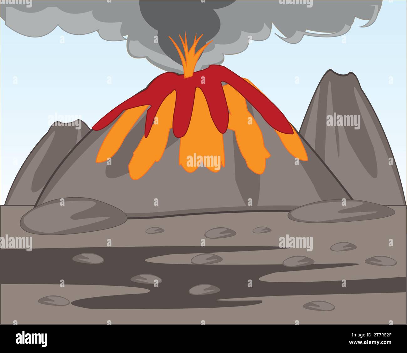 Colorful landscape of the eruption of the volcano flowing down lava and ...