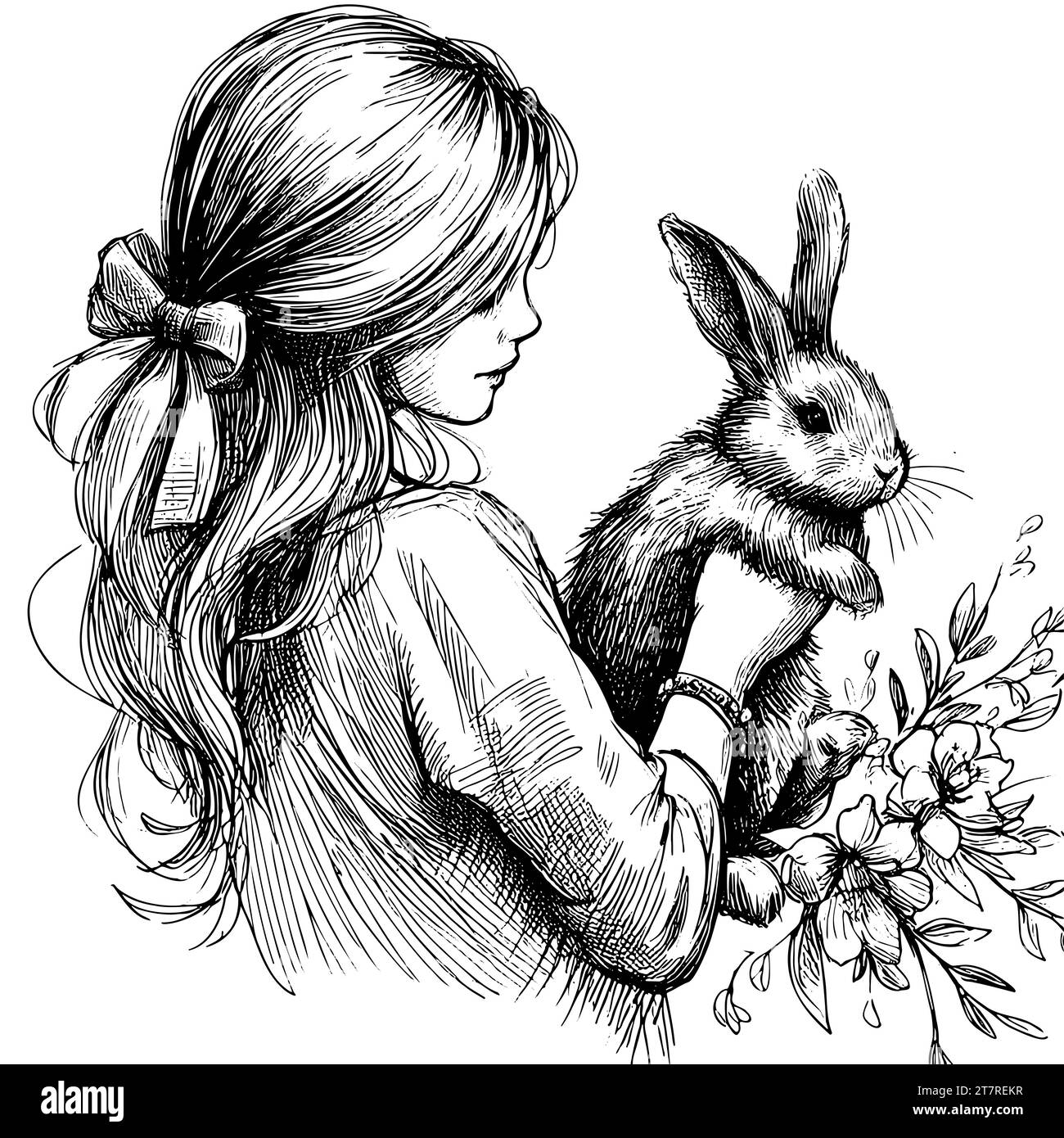 little girl holding a bunny in her arms hand drawn sketch for your ...
