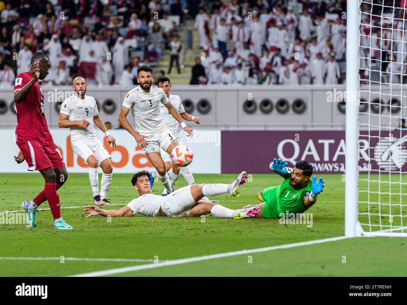 Doha, Qatar. 16th Nov, 2023. Almoez Ali (L) of Qatar scores during the ...