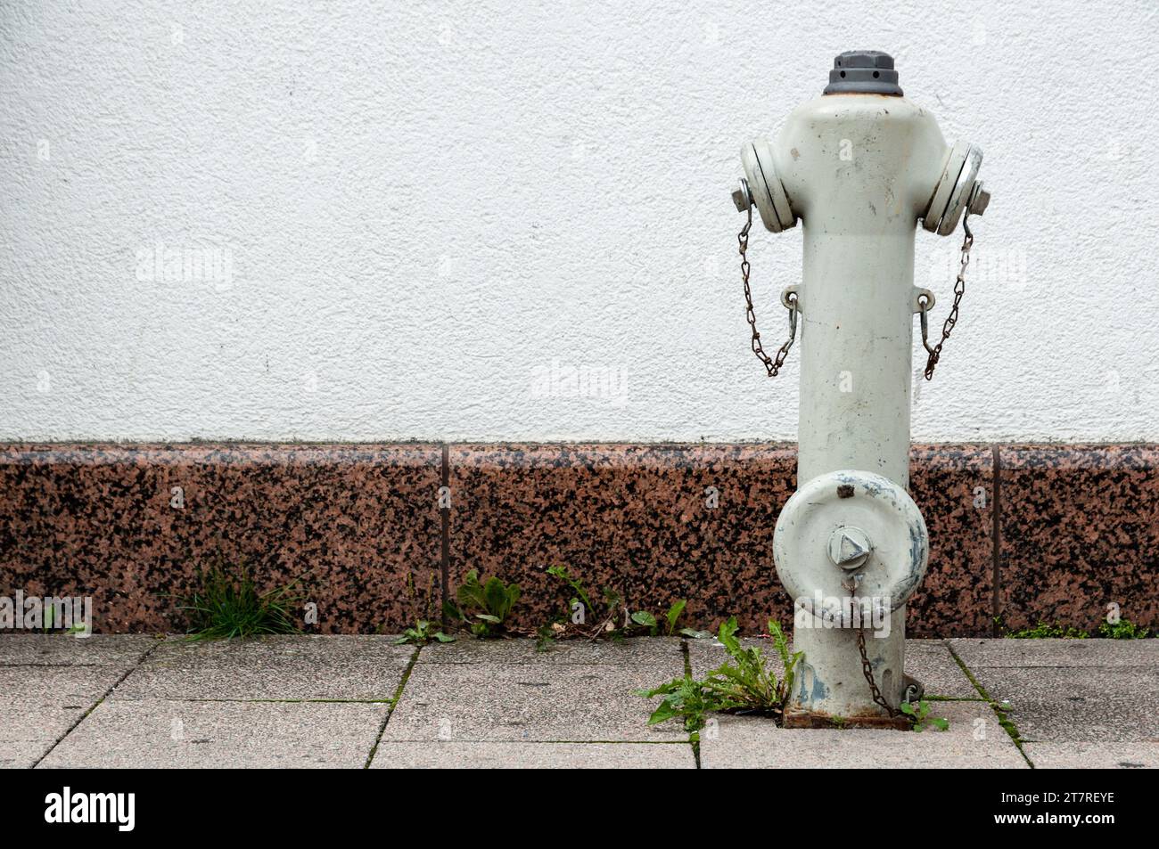 A white fire hydrant is situated on the side of a concrete sidewalk in ...