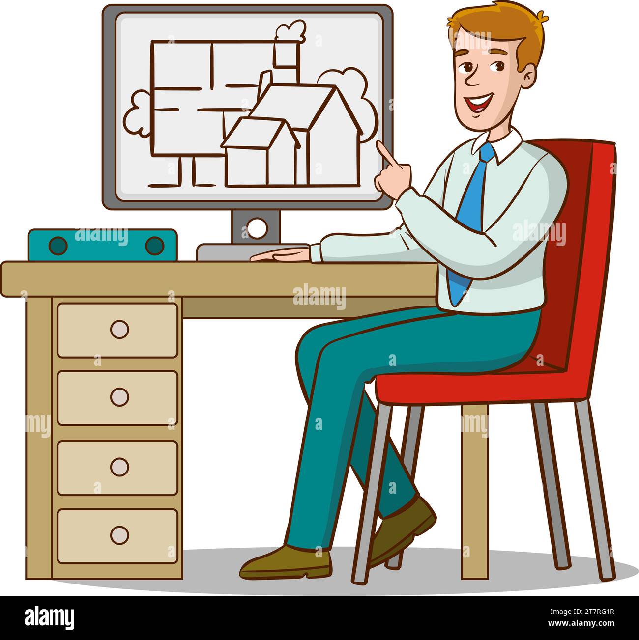 Rear view of cartoon man architect working on construction project ...