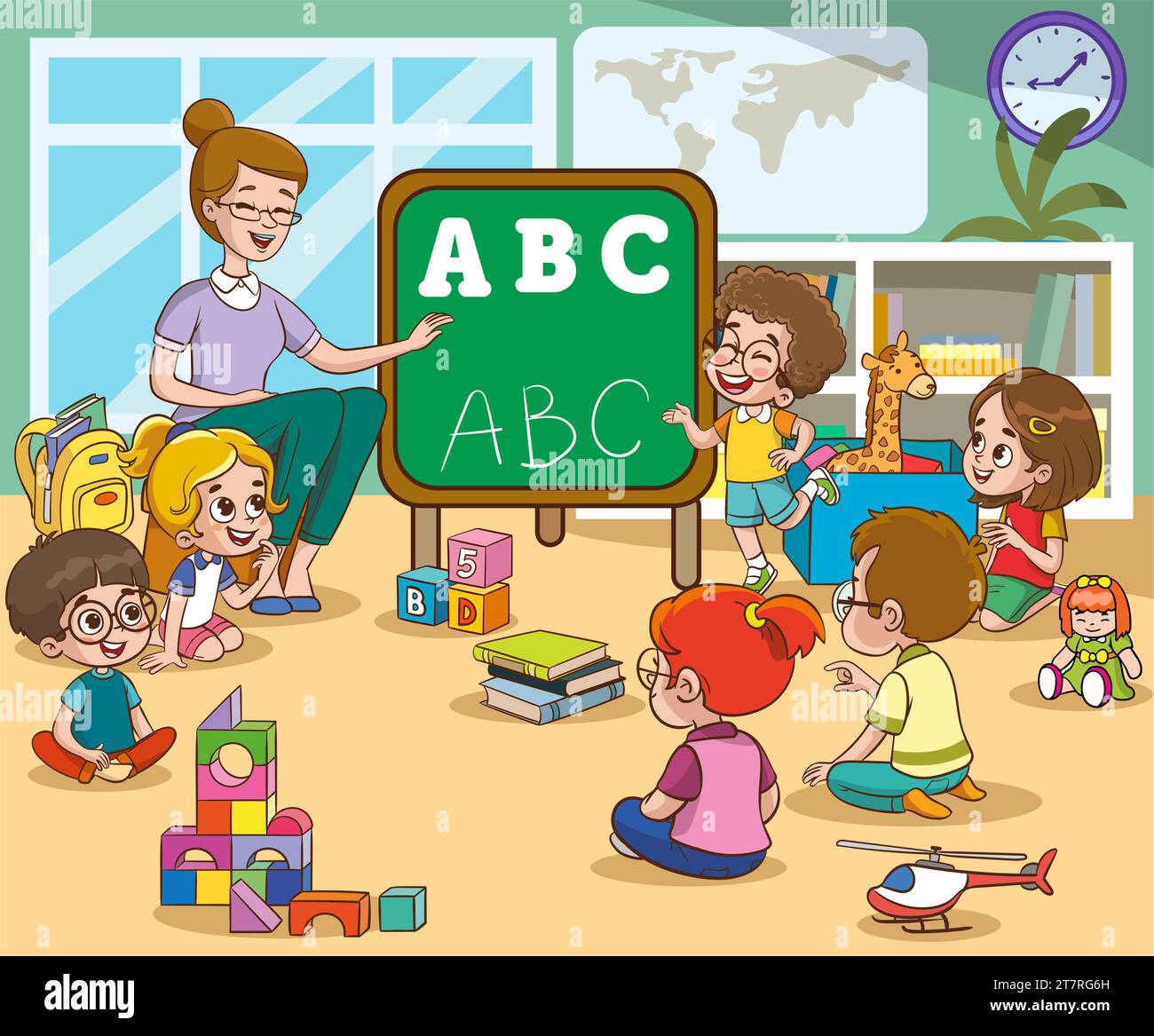 School teacher and children studying in classroom vector illustration ...