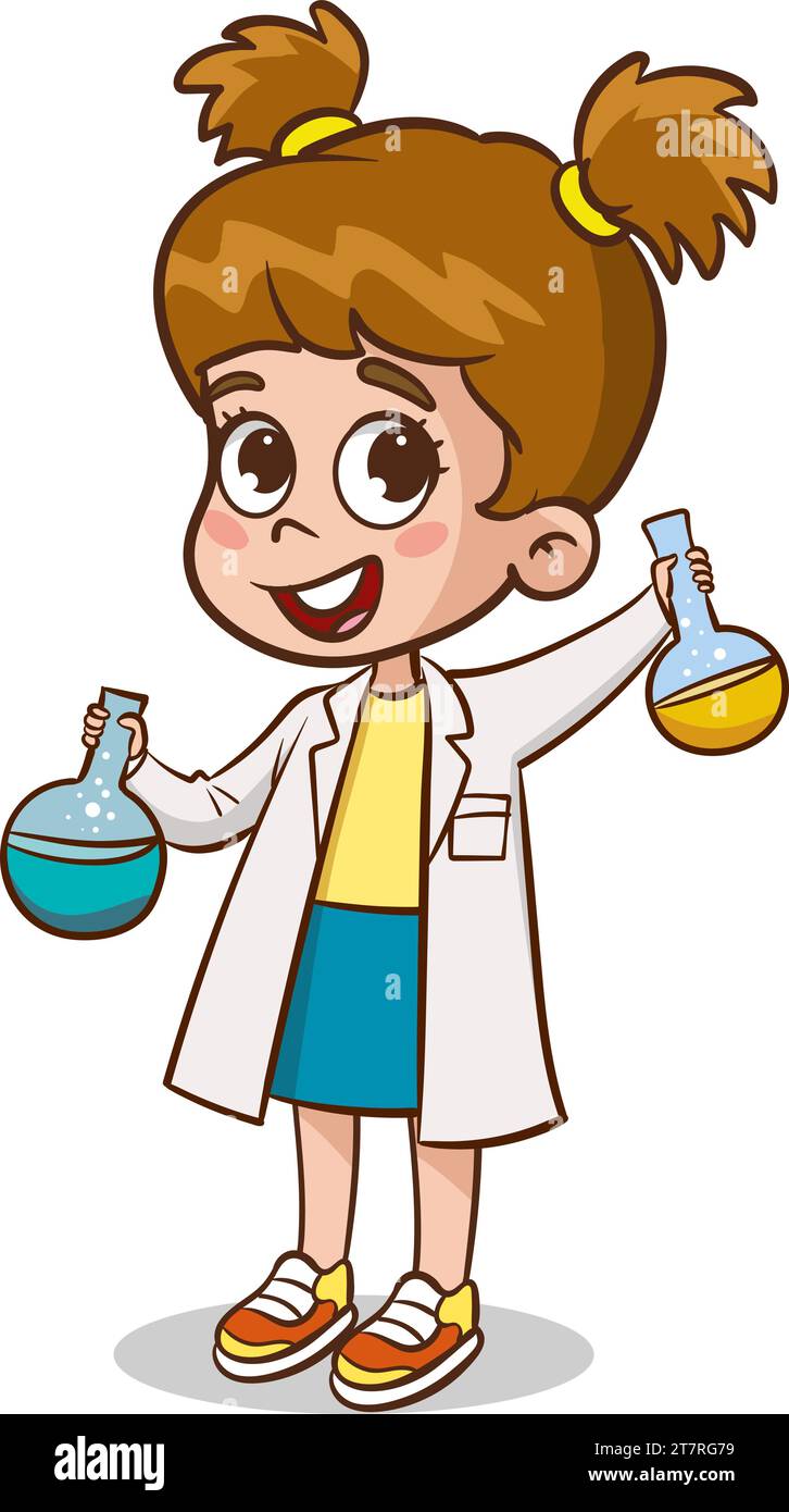 Cute little girl in lab coat holding test tube. Vector clip art ...