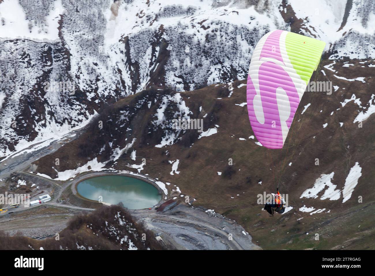 Gudauri, Georgia - May 1, 2019: Mountain landscape with paragliders ...