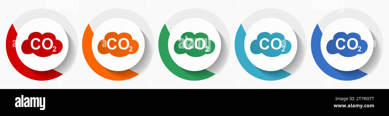 Carbon dioxide, co2 vector icon set, flat design colorful round icons in 5 color options for ...