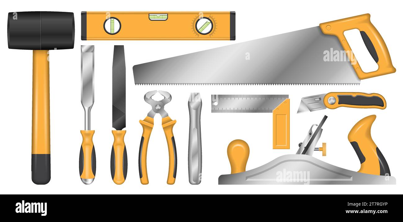 Set Of Realistic Hand Tools File Chisel Saw Mallet Level Square