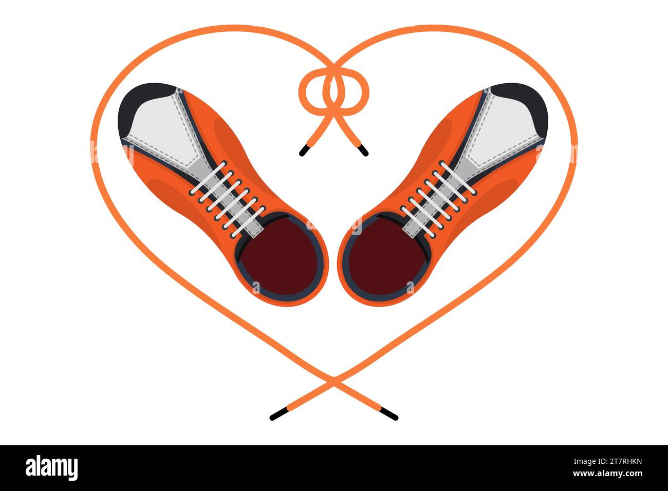 Two sneakers with a heart shaped shoelaces. Top view. A pair of gym ...