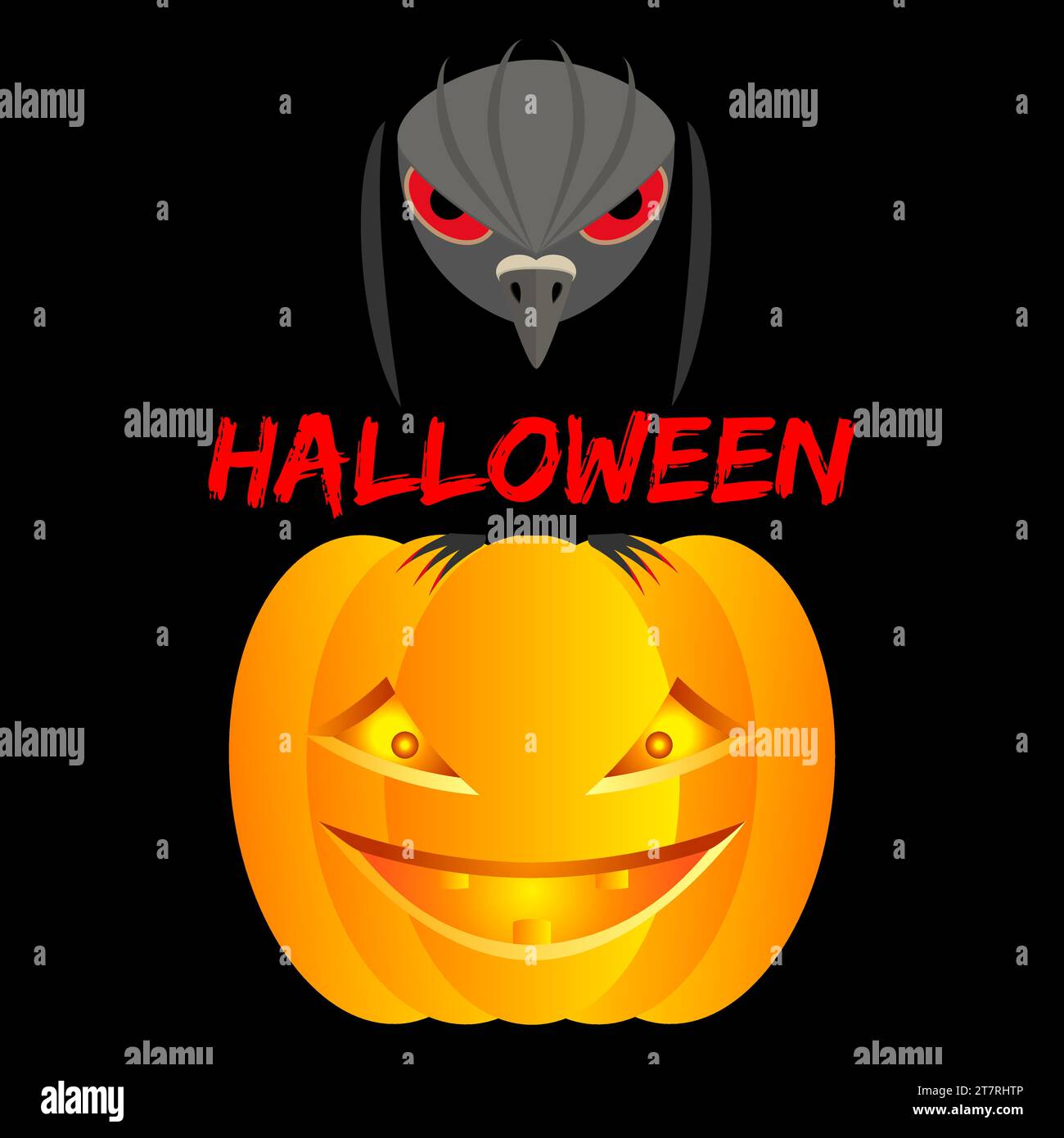 Halloween with raven and pumpkin on black background. Spooky and scary ...
