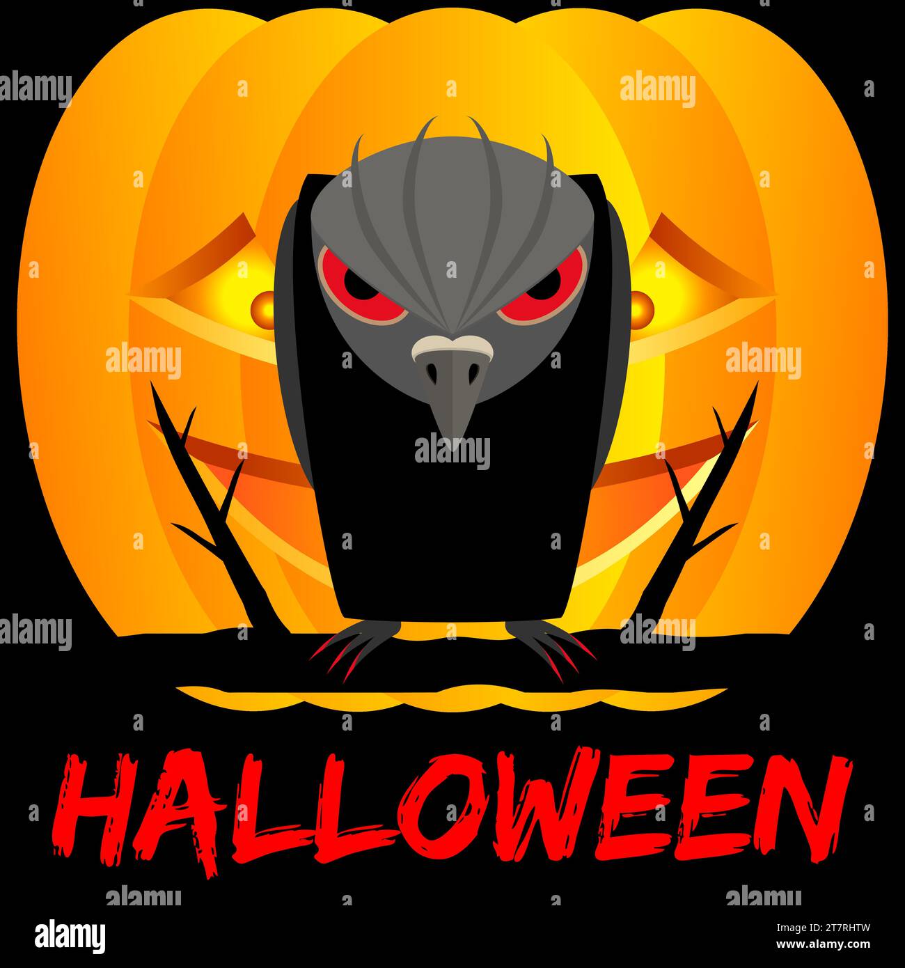 Halloween with raven and pumpkin on black background. Spooky and scary ...