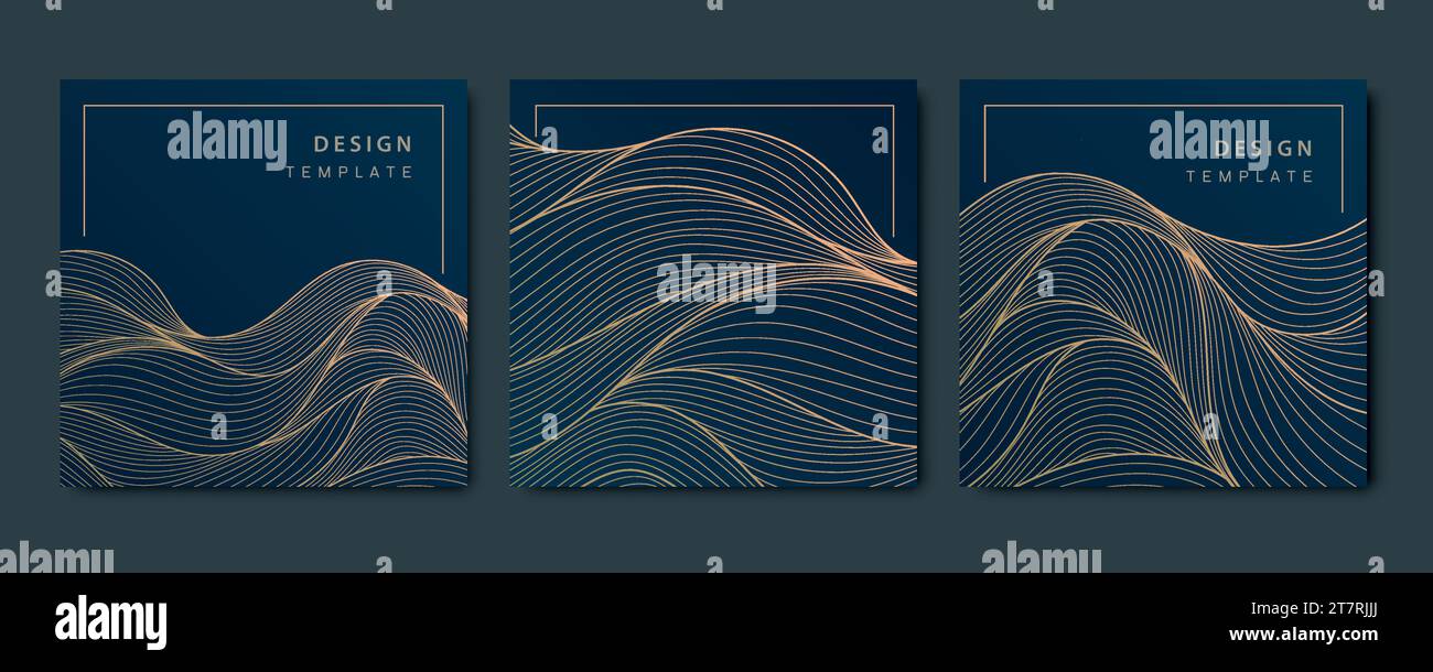 Vector set of luxury fancy golden patterns, linear style wavy cards ...