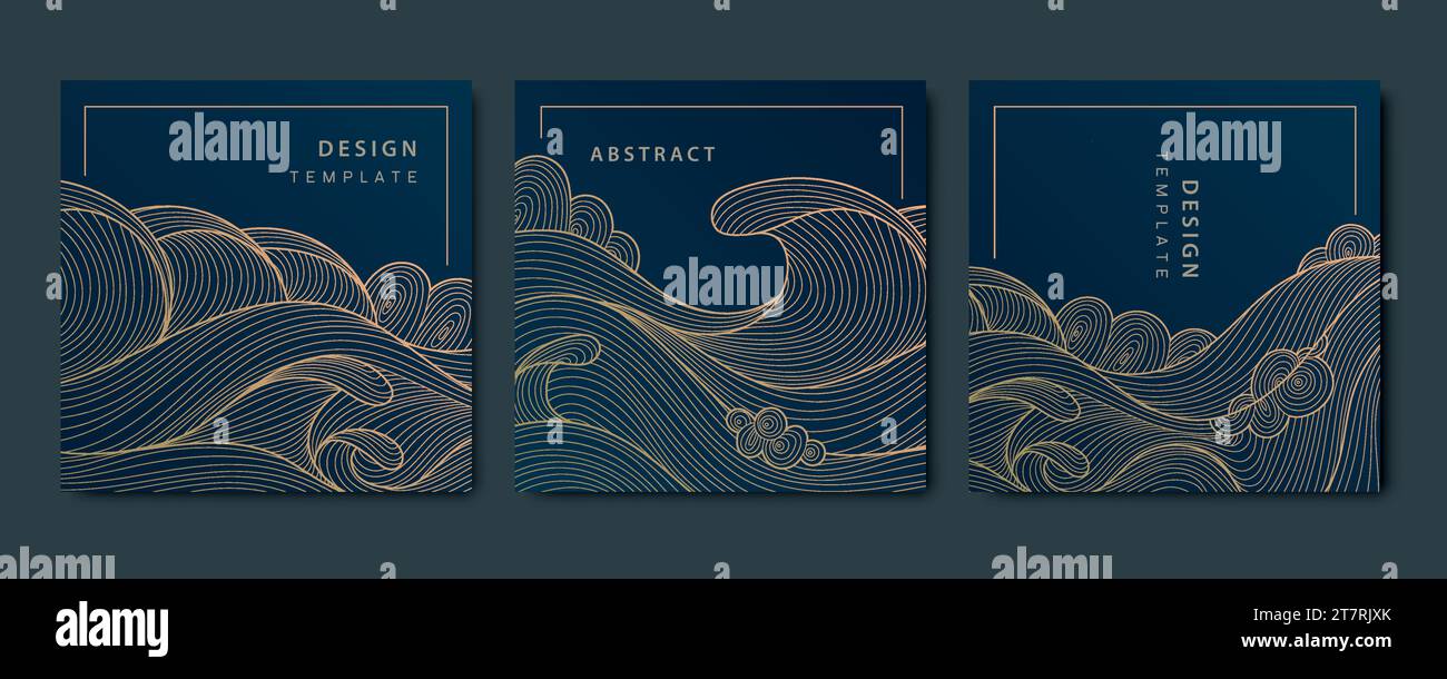 Vector set of luxury fancy golden patterns, linear style wavy cards ...