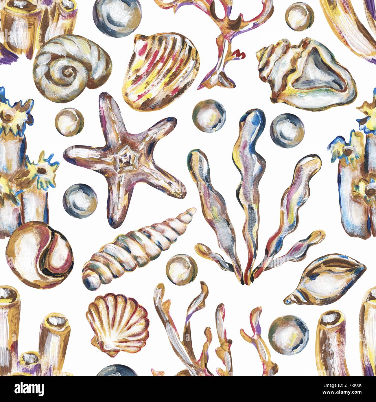 Acrylic hand painted sea shells, corals, sea weeds seamless pattern ...