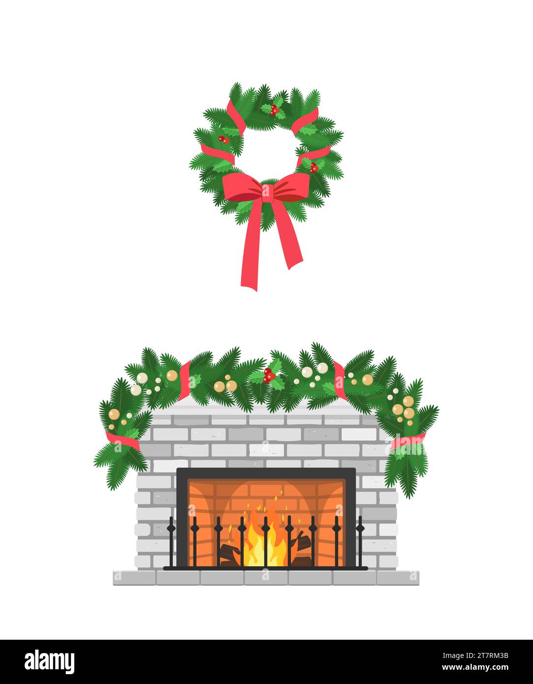 Beautiful white brick fireplace decorated with garland and Christmas ...