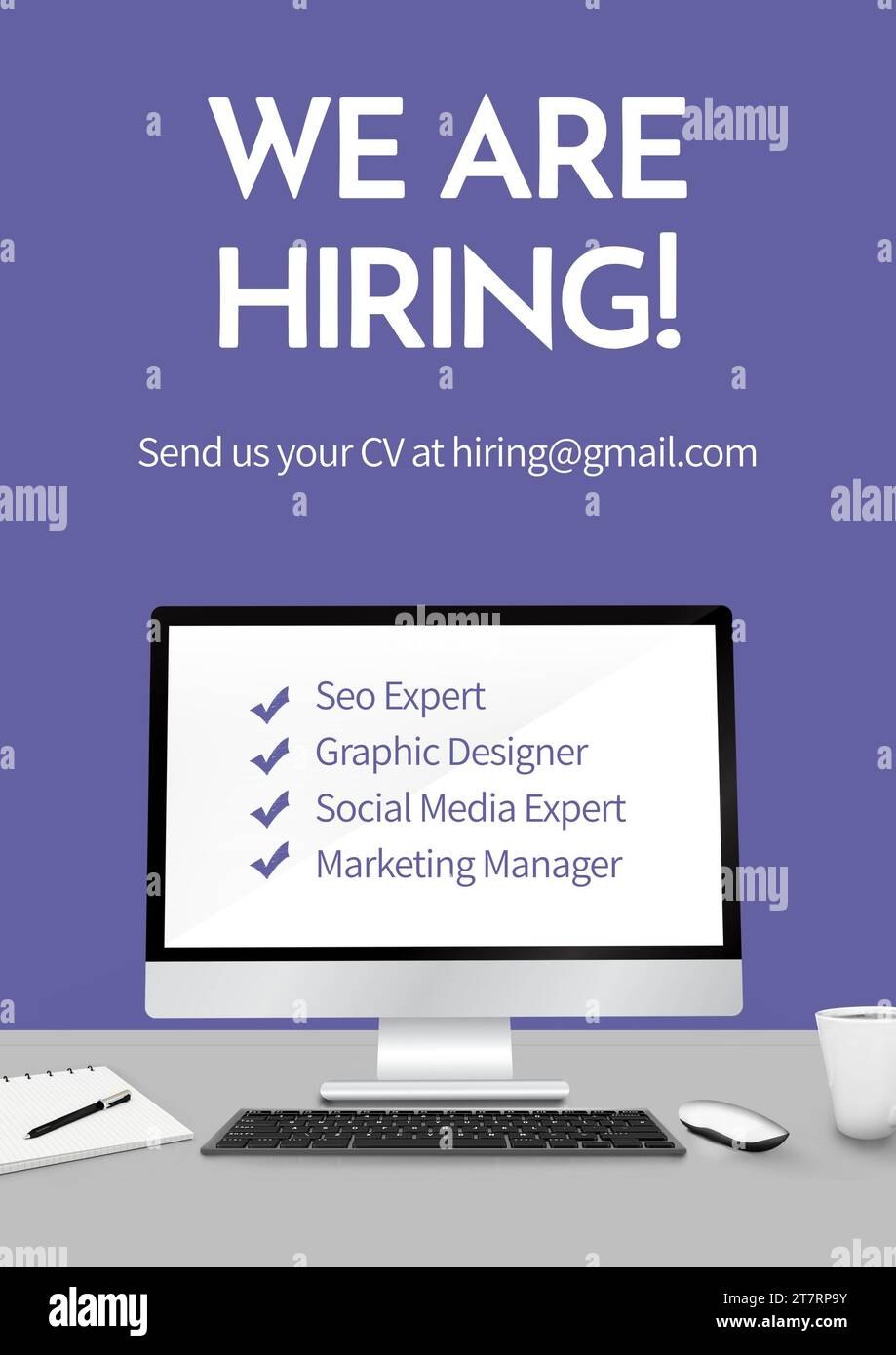 Composition of we are hiring text with computer on purple background ...