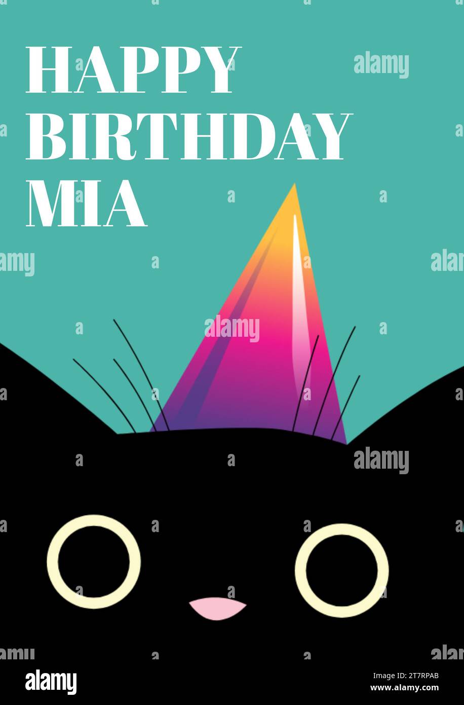 Composition of happy birthday mia text with cat on green background ...