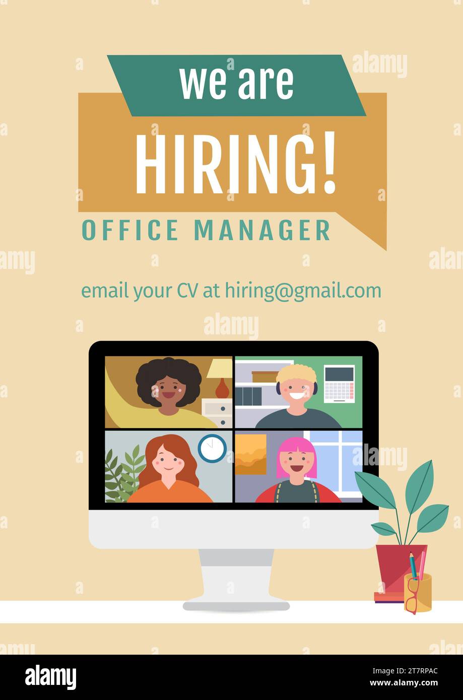 Composition of we are hiring text with computer icon on yellow ...