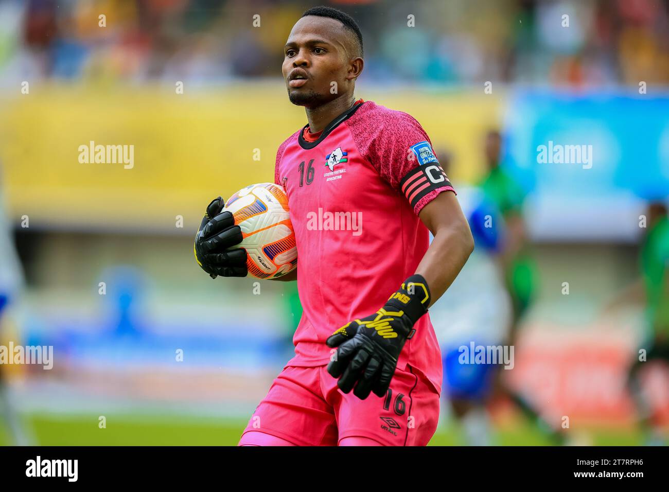 Akwa Ibom State, Nigeria. 16 nov 2023. Nigeria vs Lesotho. Sekhoane Moerane in goal for Lesotho ...
