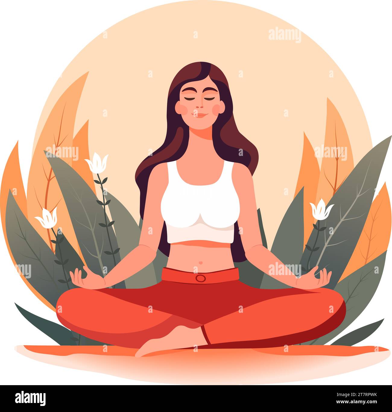 Woman meditating in nature and leaves. Concept illustration for ...