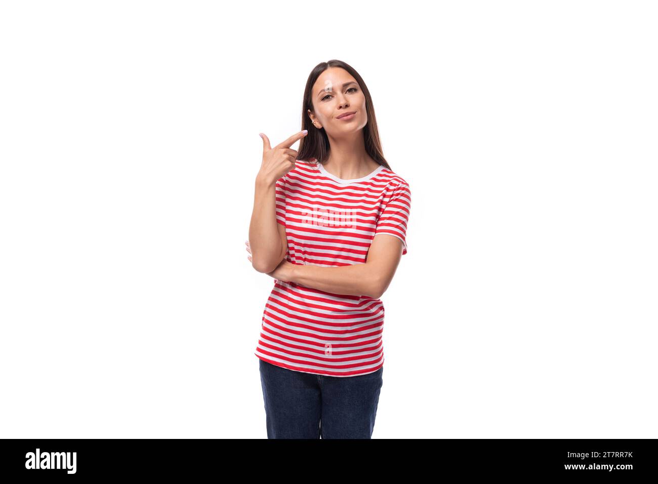 charming pretty 35 year old european lady in a red striped t-shirt on a ...