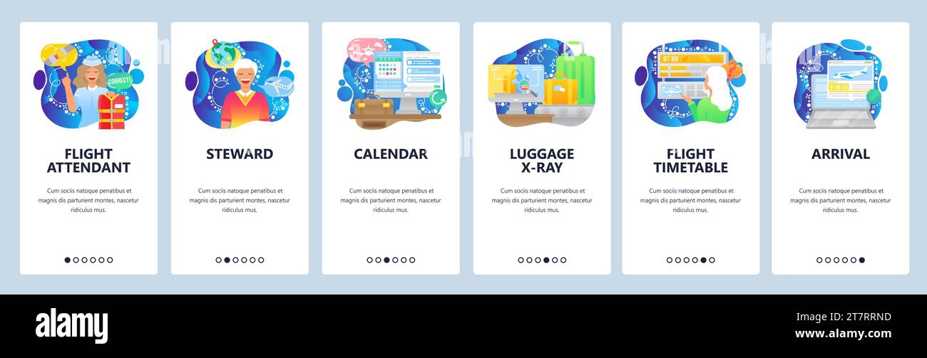 Air travel icons, flight attendant, timetable, arrival, luggage ...