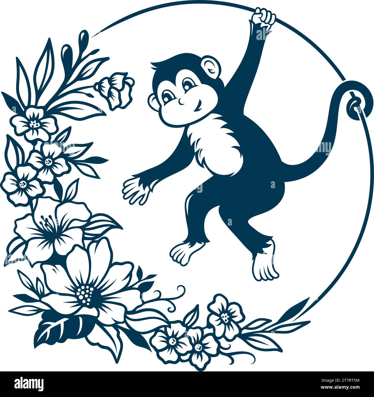 Aesthetic Floral Monkey Silhouette Graphic Clip Art Stock Vector Image ...