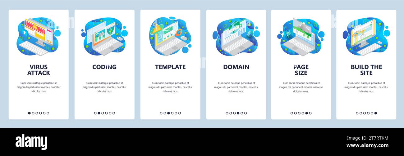 Cyber security, virus attack, coding, domain, isometric icons. Mobile ...