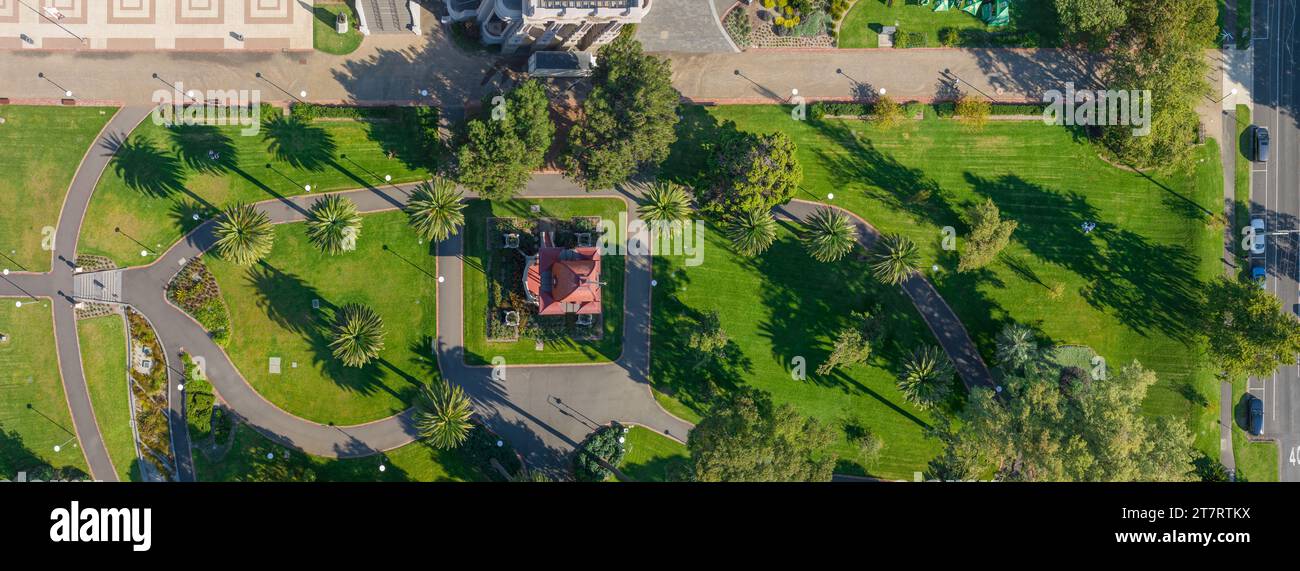 Aerial view of a rotunda in a green park with structured walkways at ...