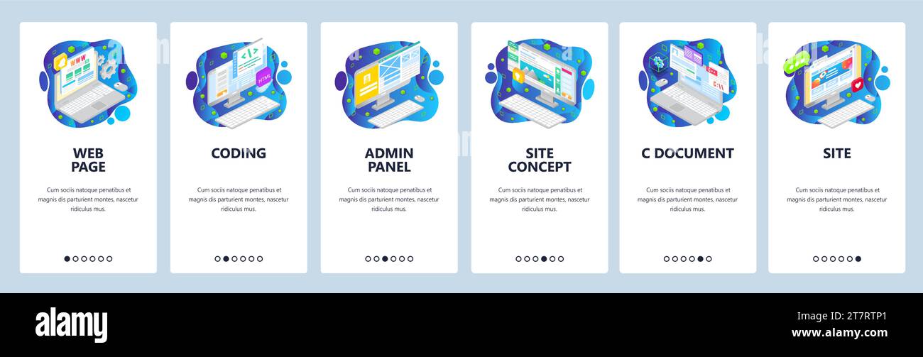 Coding, web development, admin panel, isometric icons. Mobile app onboarding screens. Menu ...